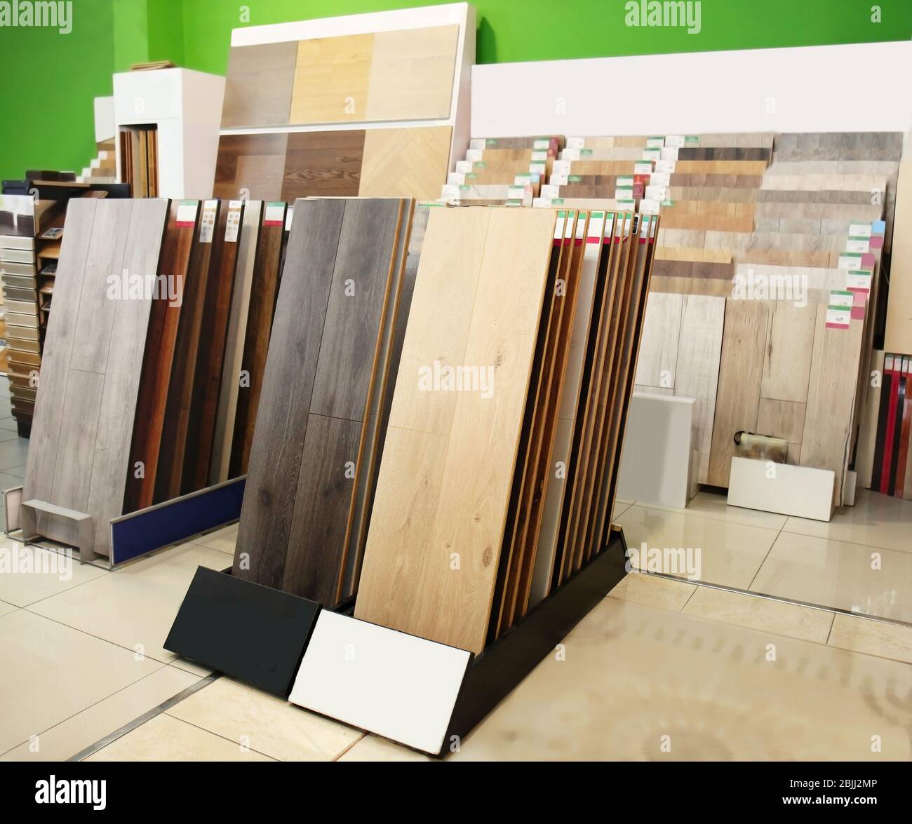Assortment of laminated flooring samples in hardware store Stock Photo ...