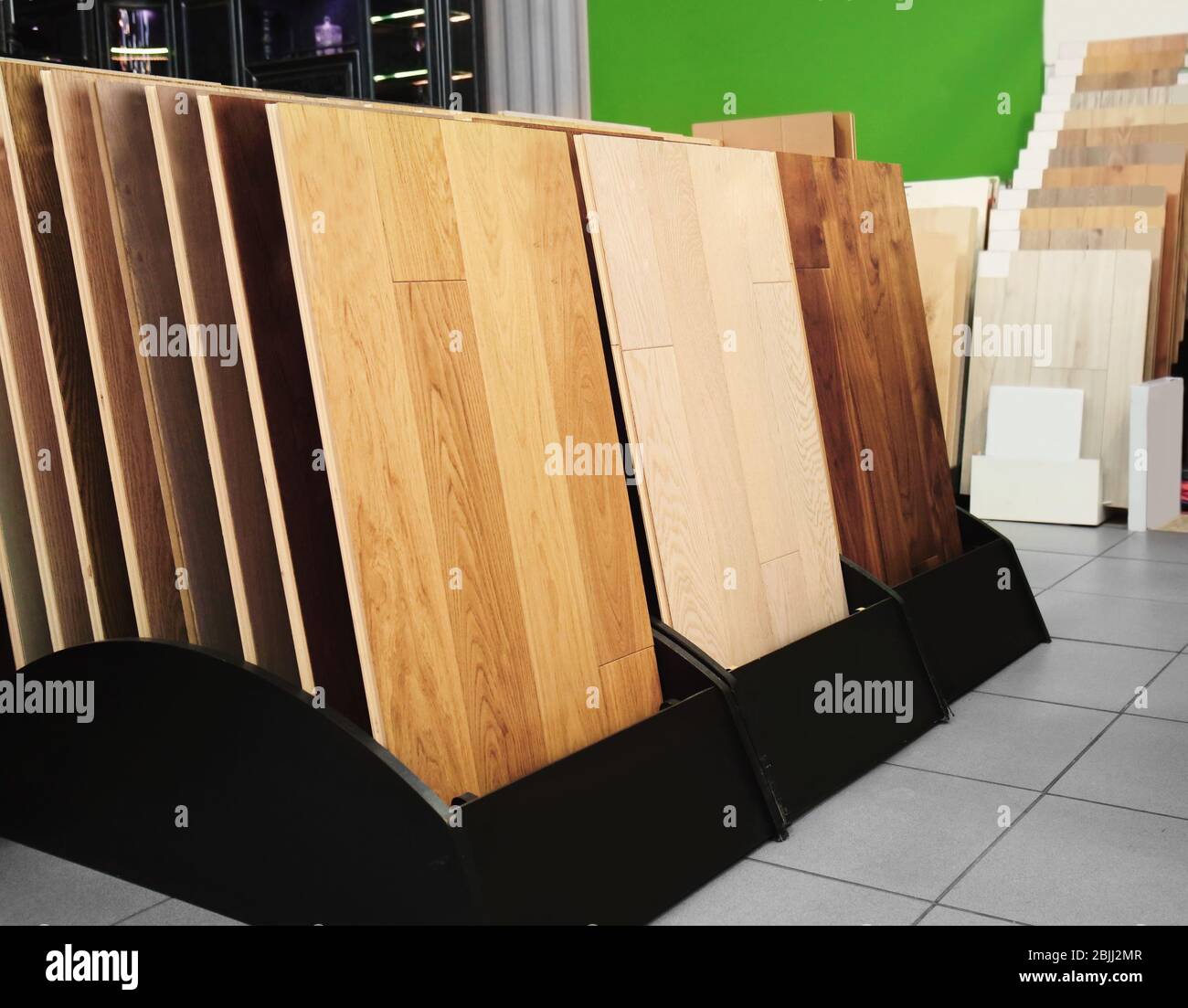 Assortment of laminated flooring samples in hardware store Stock Photo ...