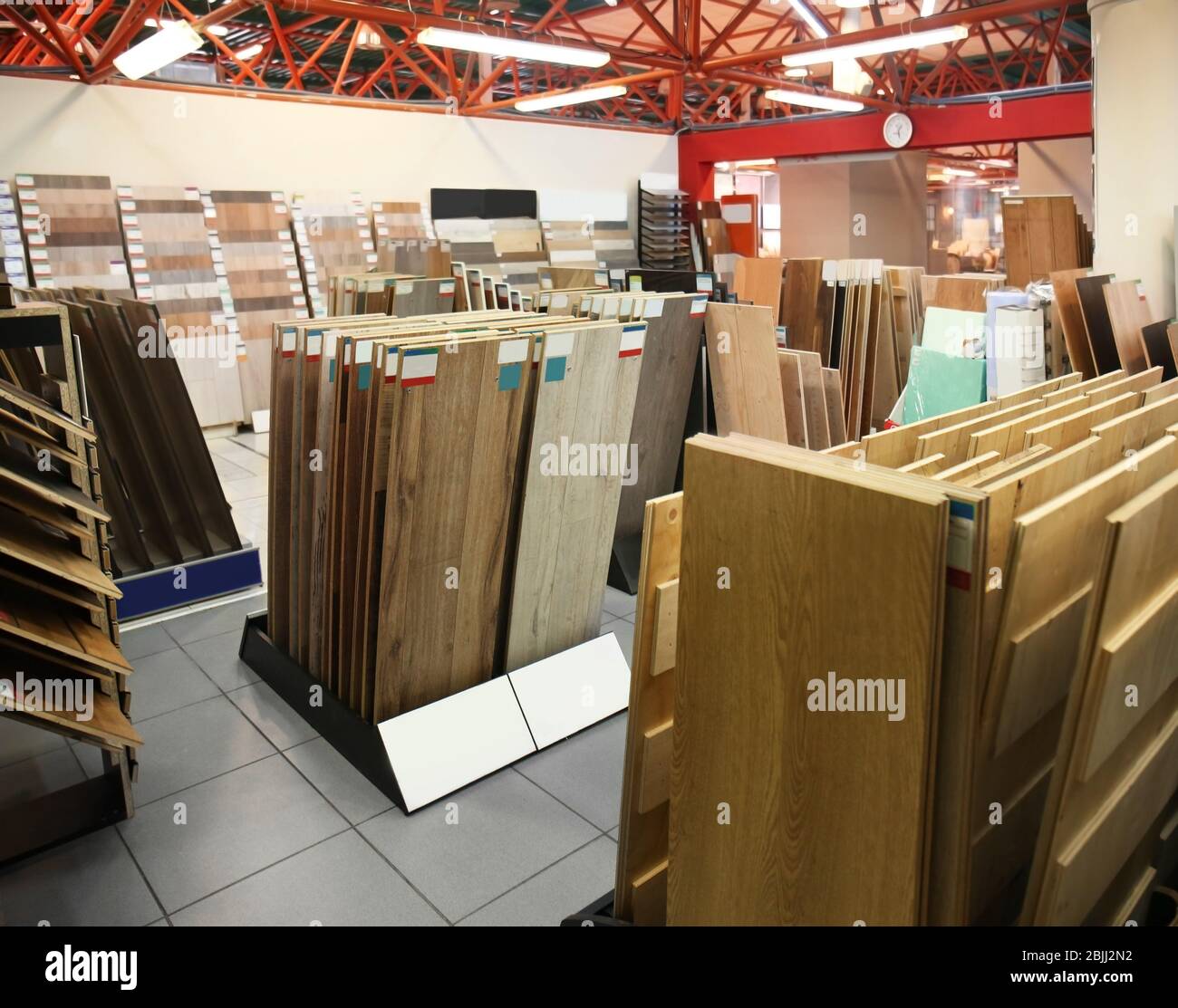 Assortment of laminated flooring samples in hardware store Stock Photo ...