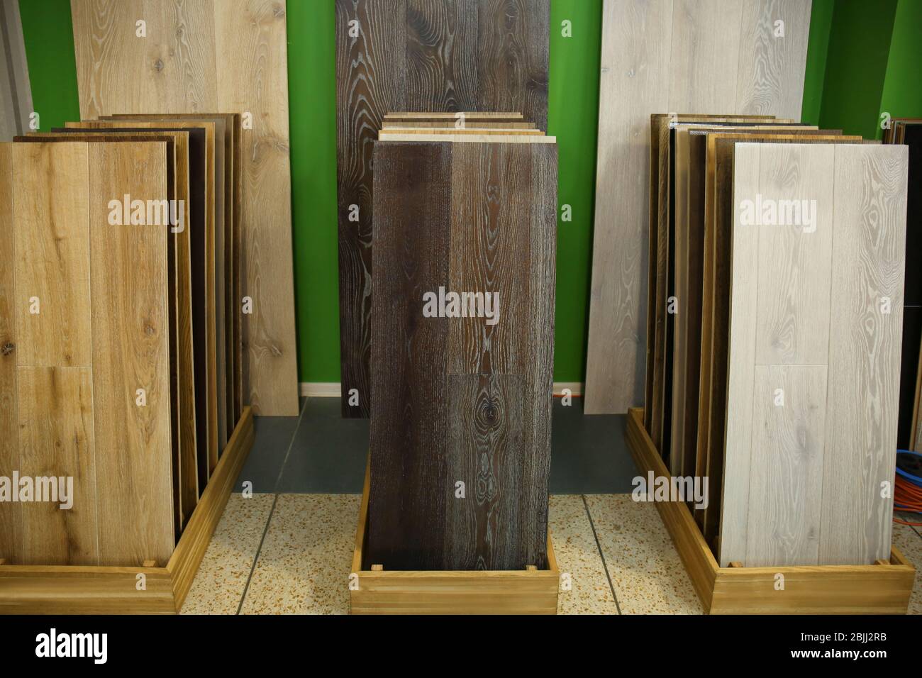Assortment of laminated flooring samples in hardware store Stock Photo ...
