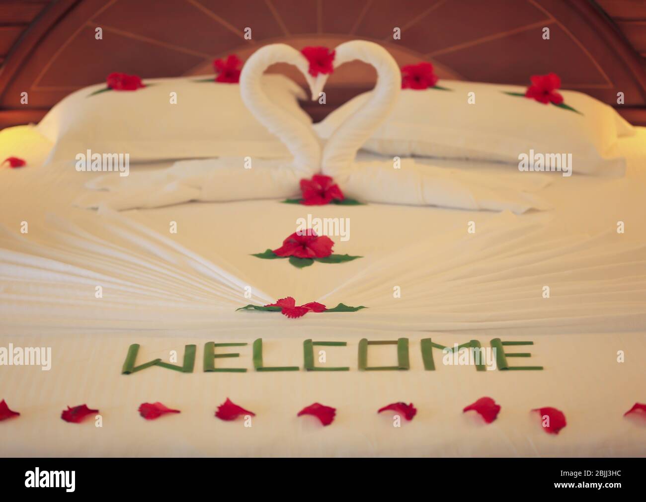 Floral decor, towel swans and word WELCOME on bed in hotel room Stock ...
