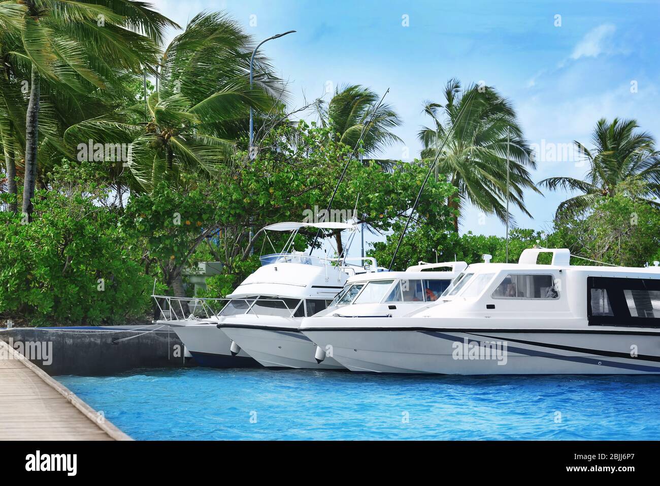 Berth with modern boats at tropical resort Stock Photo - Alamy
