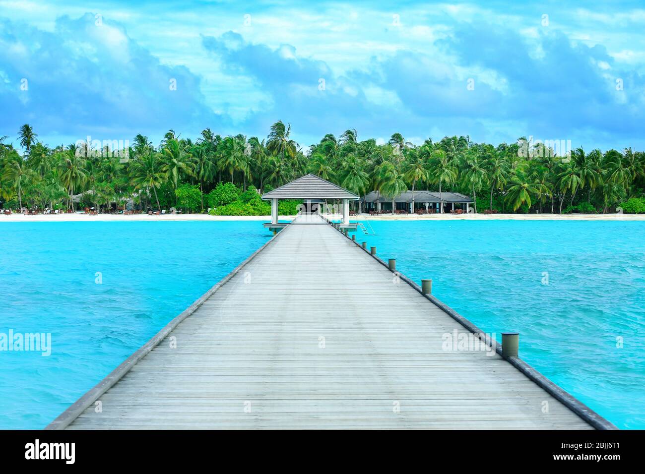 View of wooden pontoon at beautiful tropical resort Stock Photo - Alamy