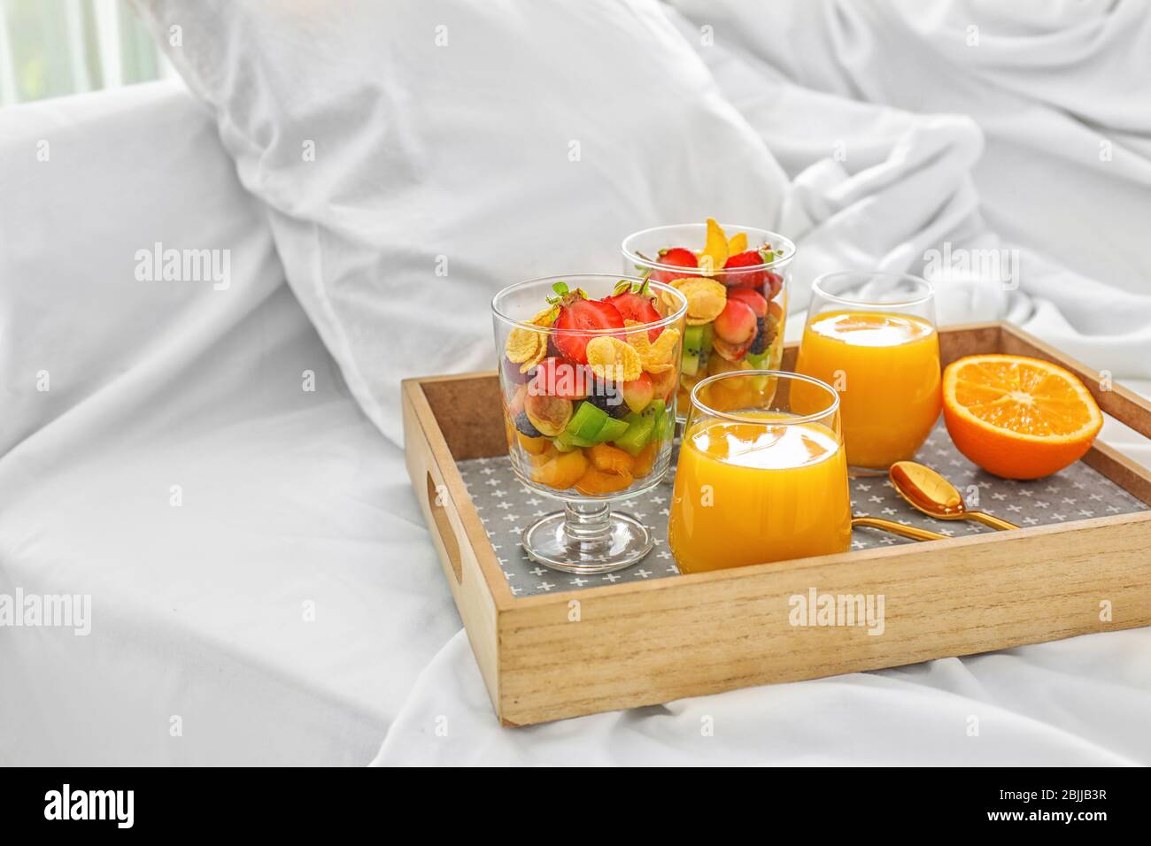 Delicious breakfast on bed Stock Photo - Alamy