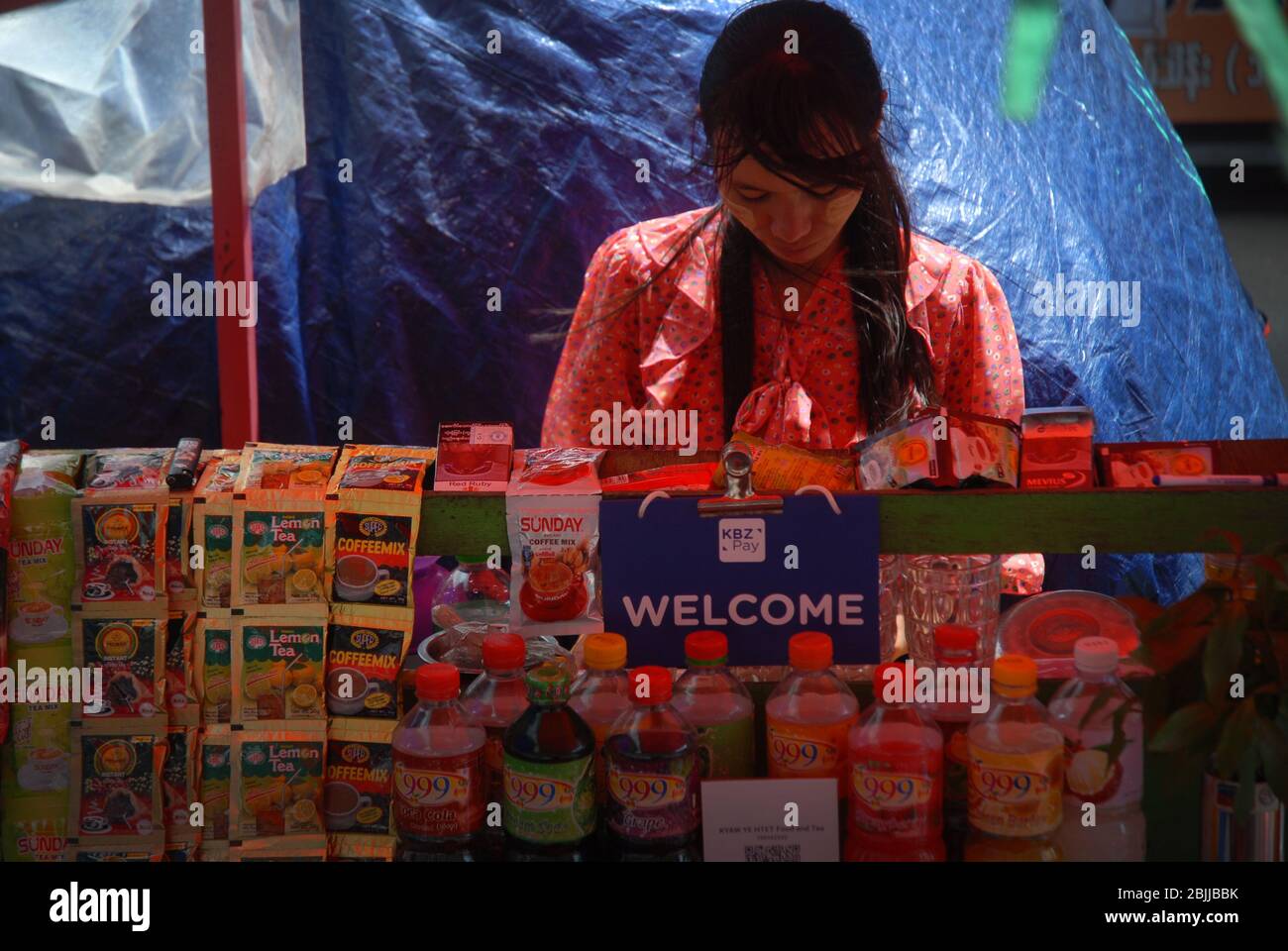 Lady selling small food items, Yangon, Myanmar, Asia Stock Photo - Alamy
