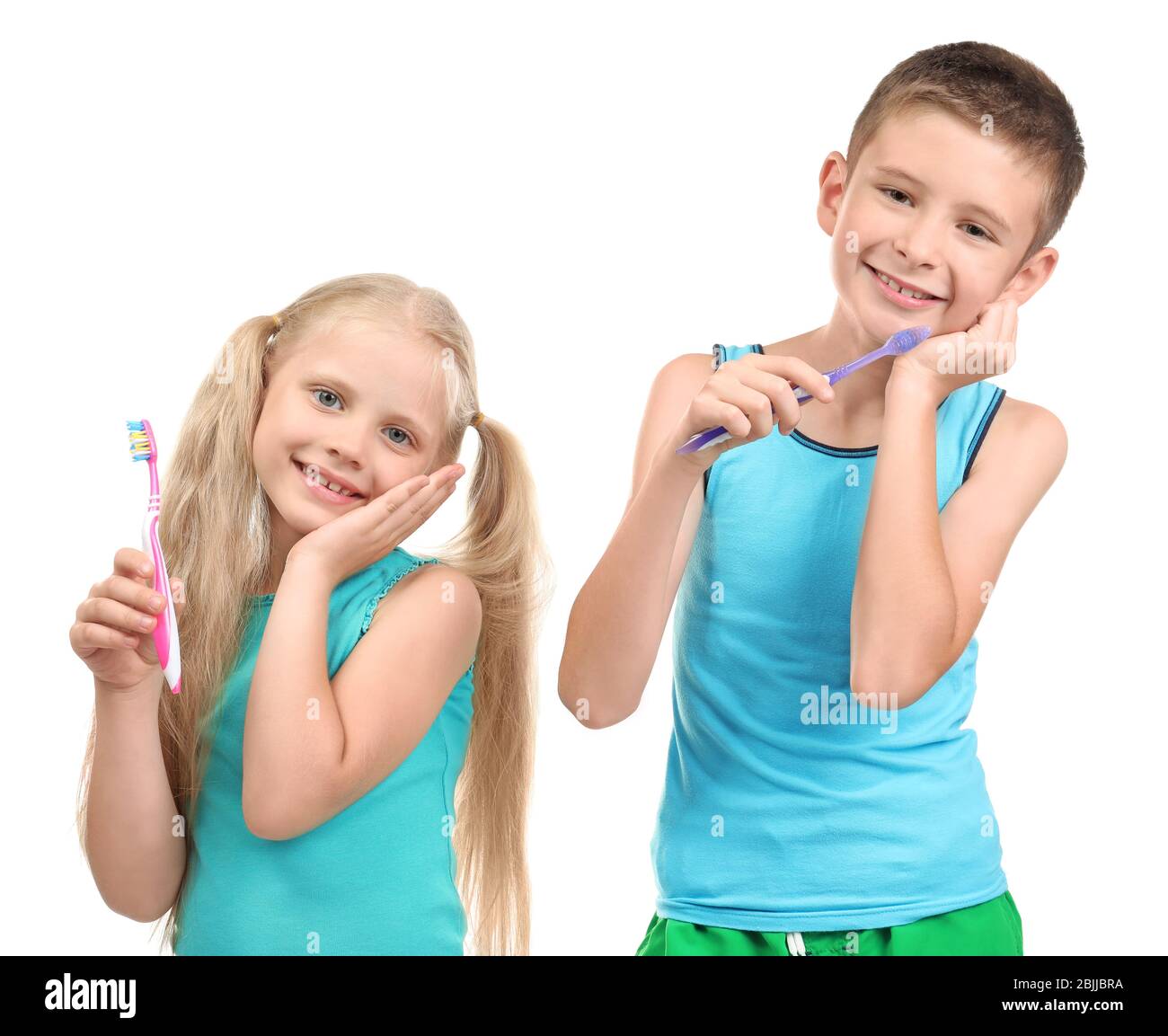 Cute little children with toothbrushes on white background. Teeth ...