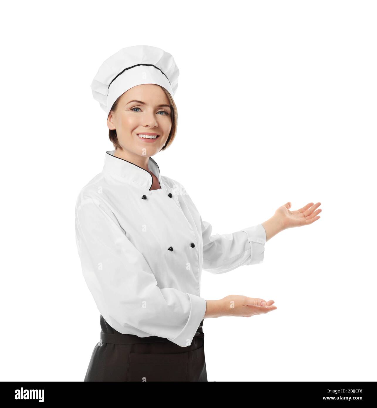 Female chef on white background Stock Photo - Alamy