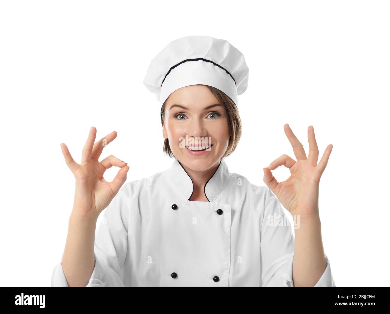 Female chef on white background Stock Photo - Alamy
