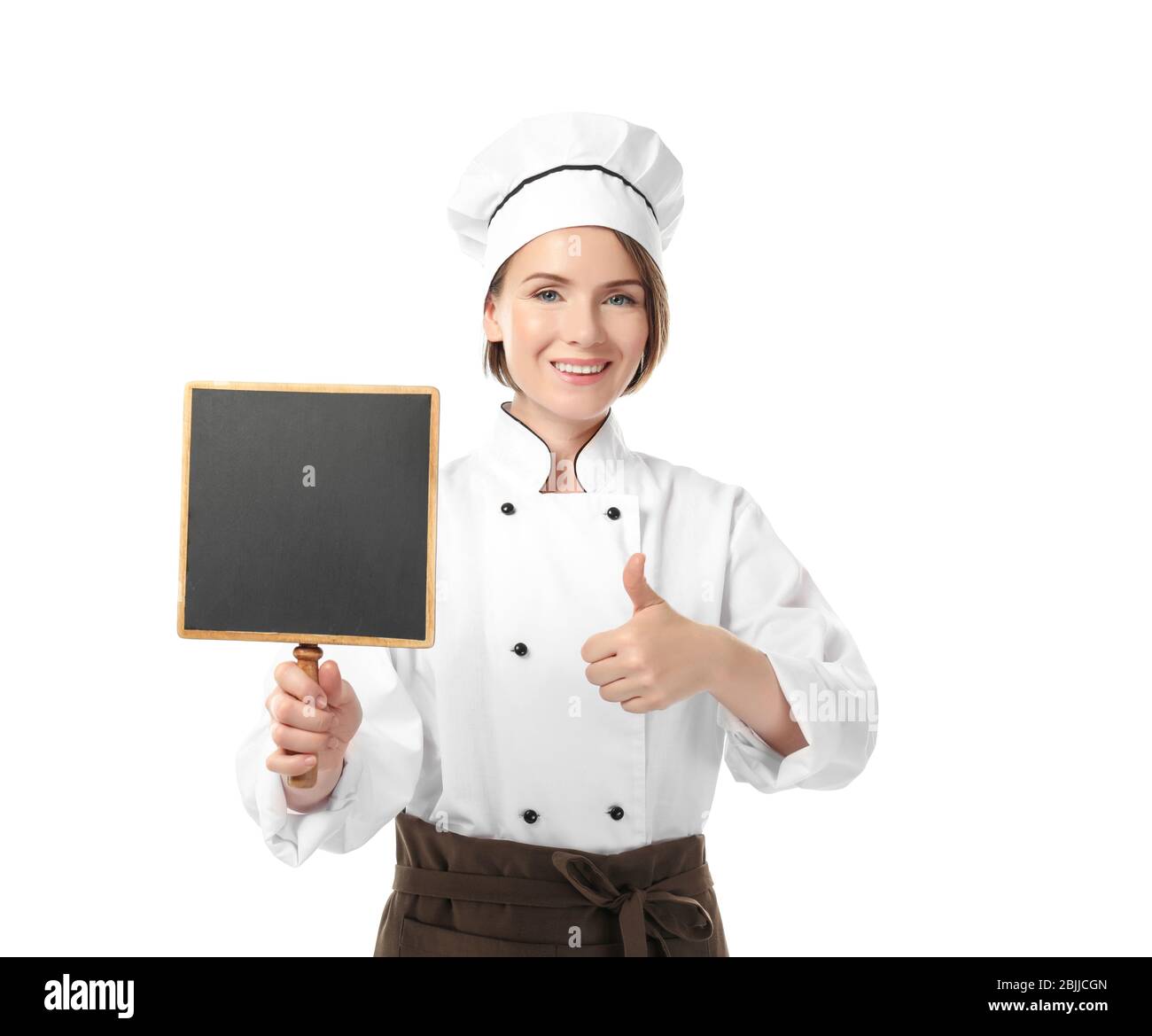 Female chef with blank board on white background Stock Photo - Alamy