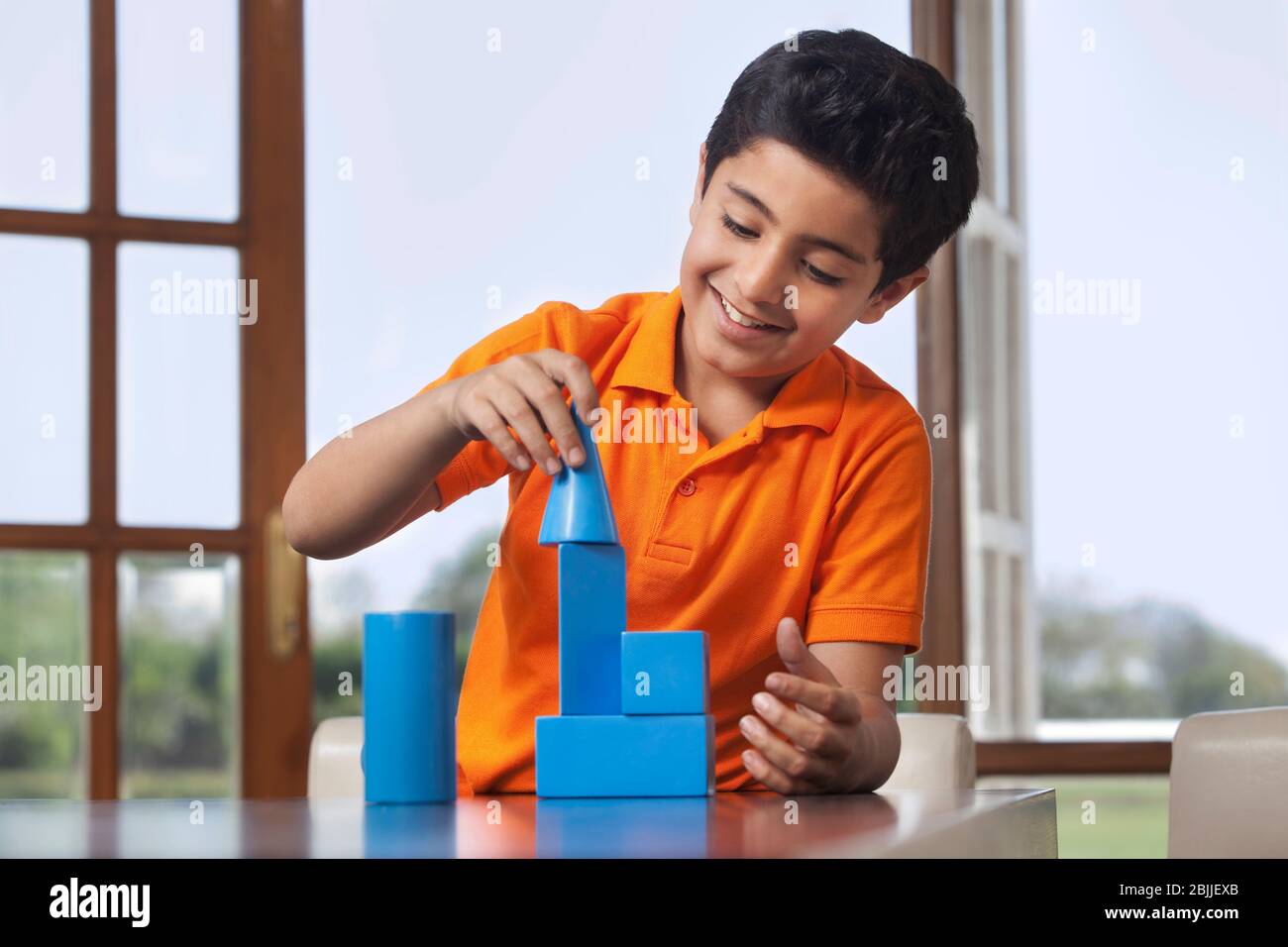 Boy playing with building blocks Stock Photo - Alamy