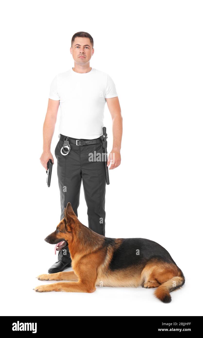 Security guard with dog on white background Stock Photo - Alamy