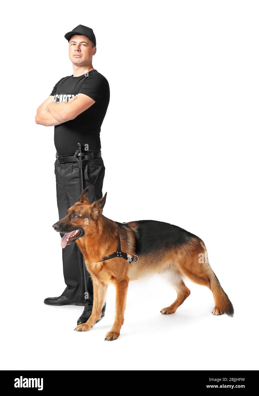 Security guard with dog on white background Stock Photo - Alamy