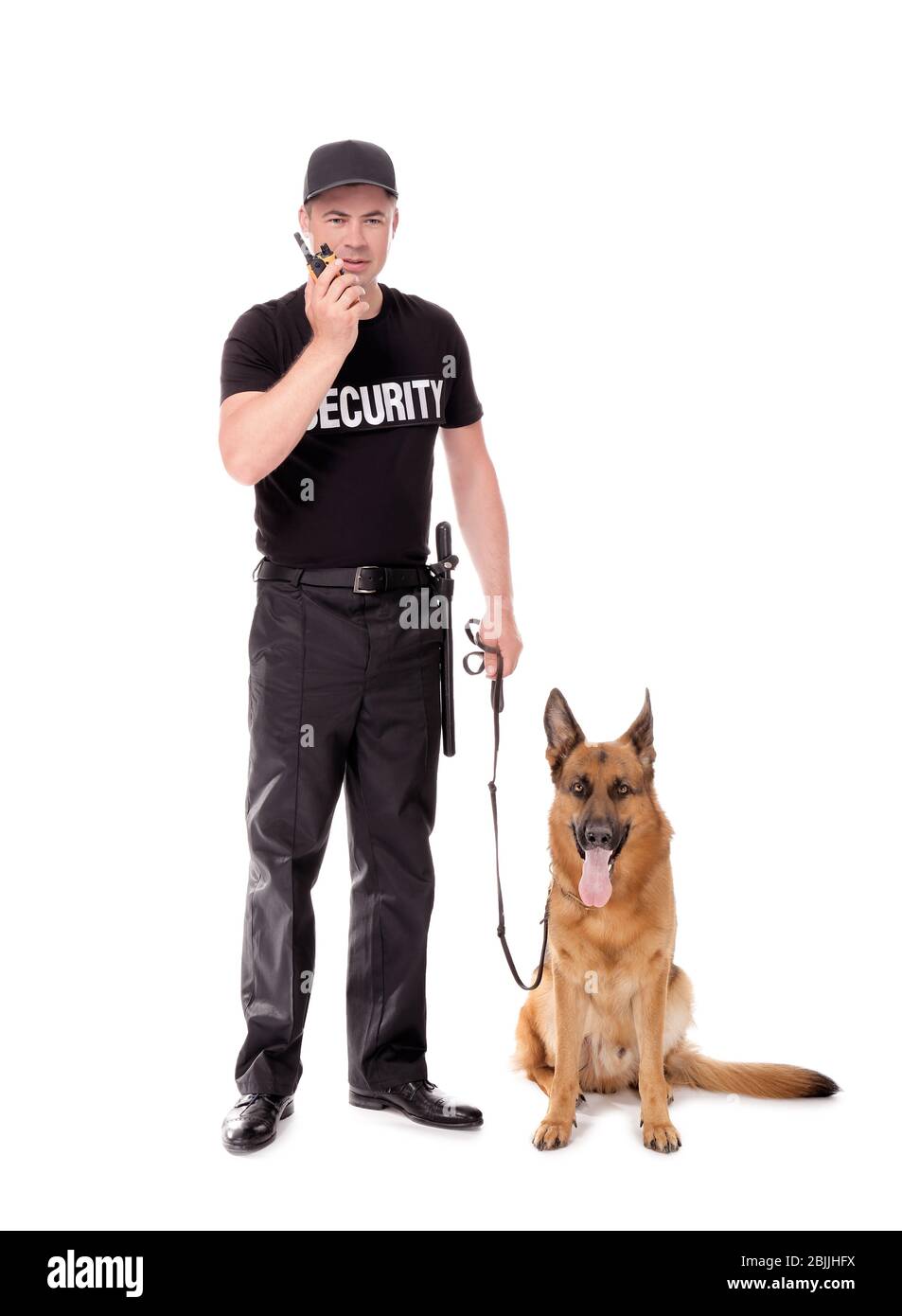 Security guard with dog on white background Stock Photo - Alamy
