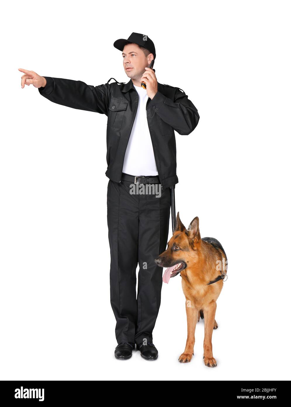 Security guard with dog on white background Stock Photo - Alamy