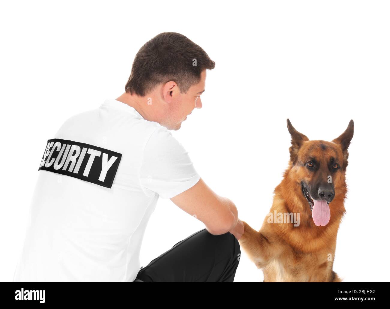 Security guard with dog on white background Stock Photo - Alamy