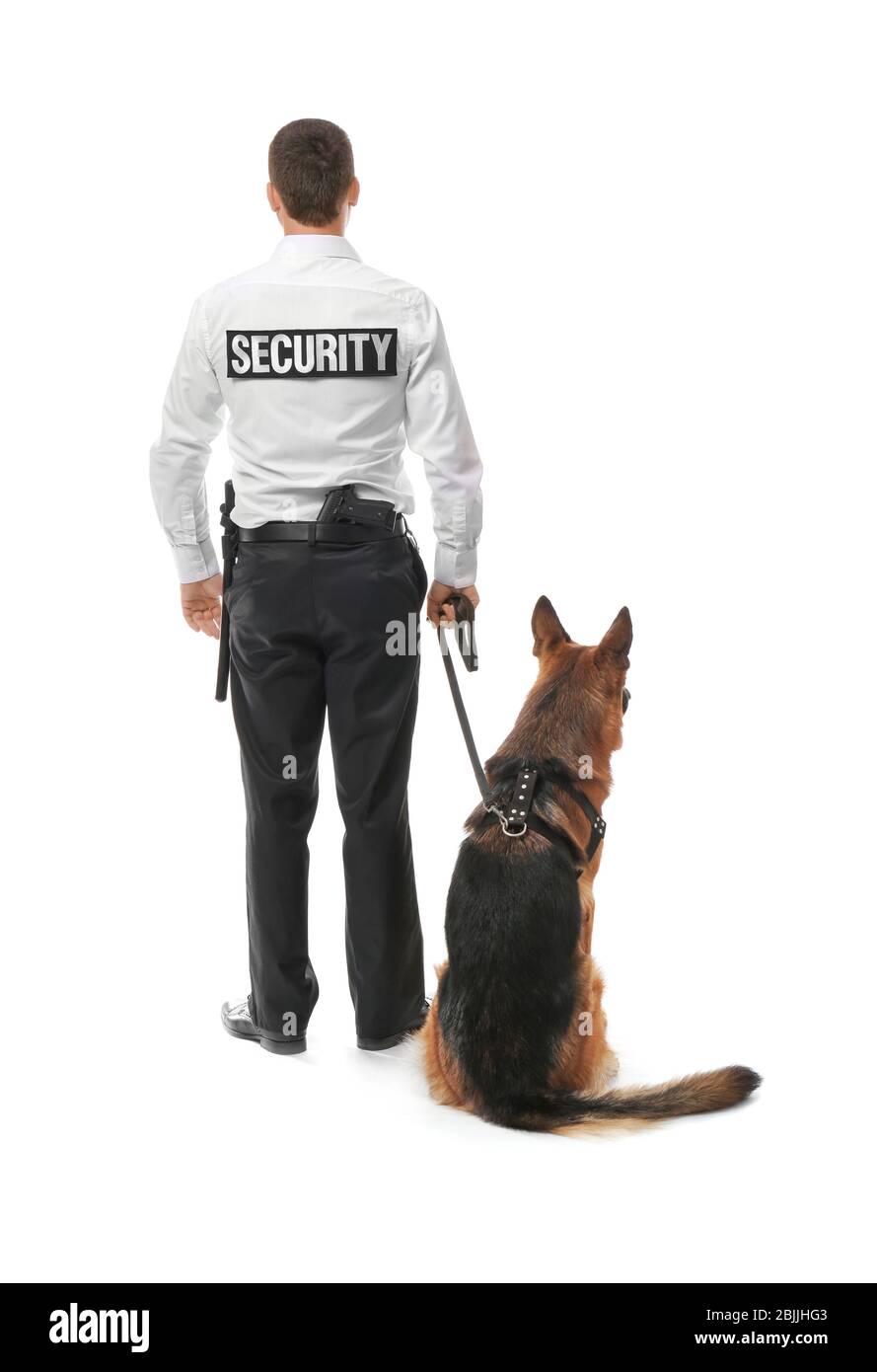Security guard with dog on white background Stock Photo - Alamy
