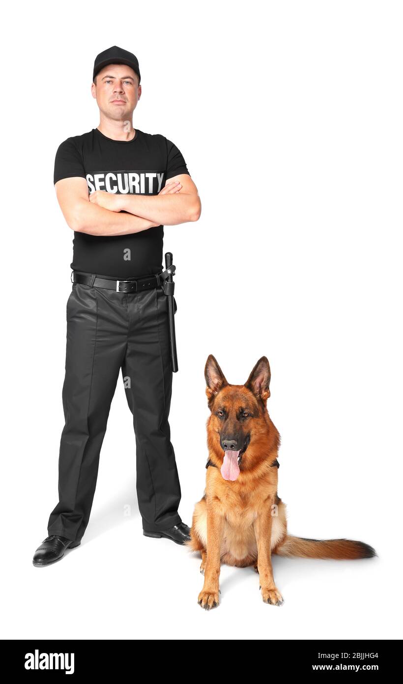 Security guard with dog on white background Stock Photo - Alamy