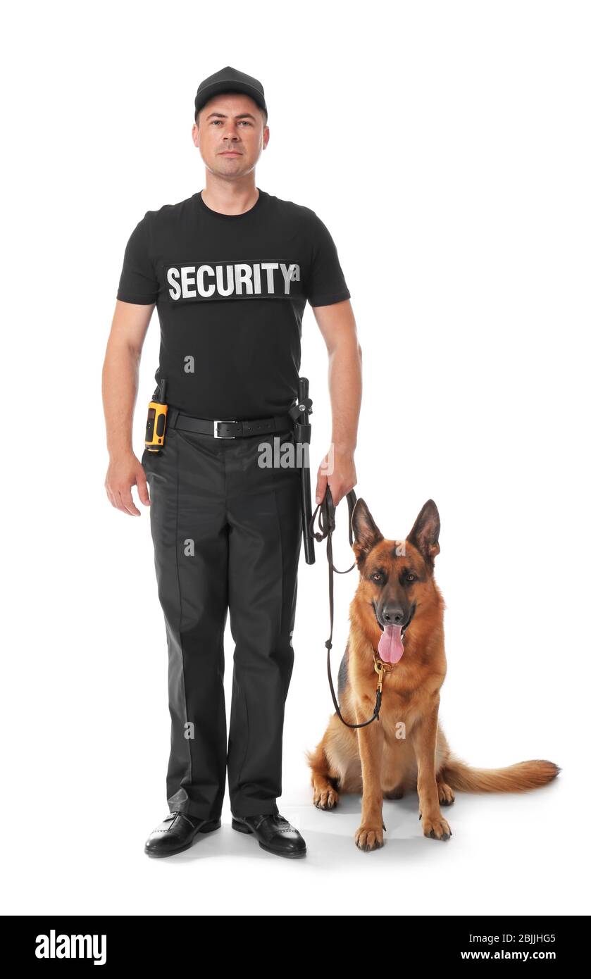 Security guard with dog on white background Stock Photo - Alamy