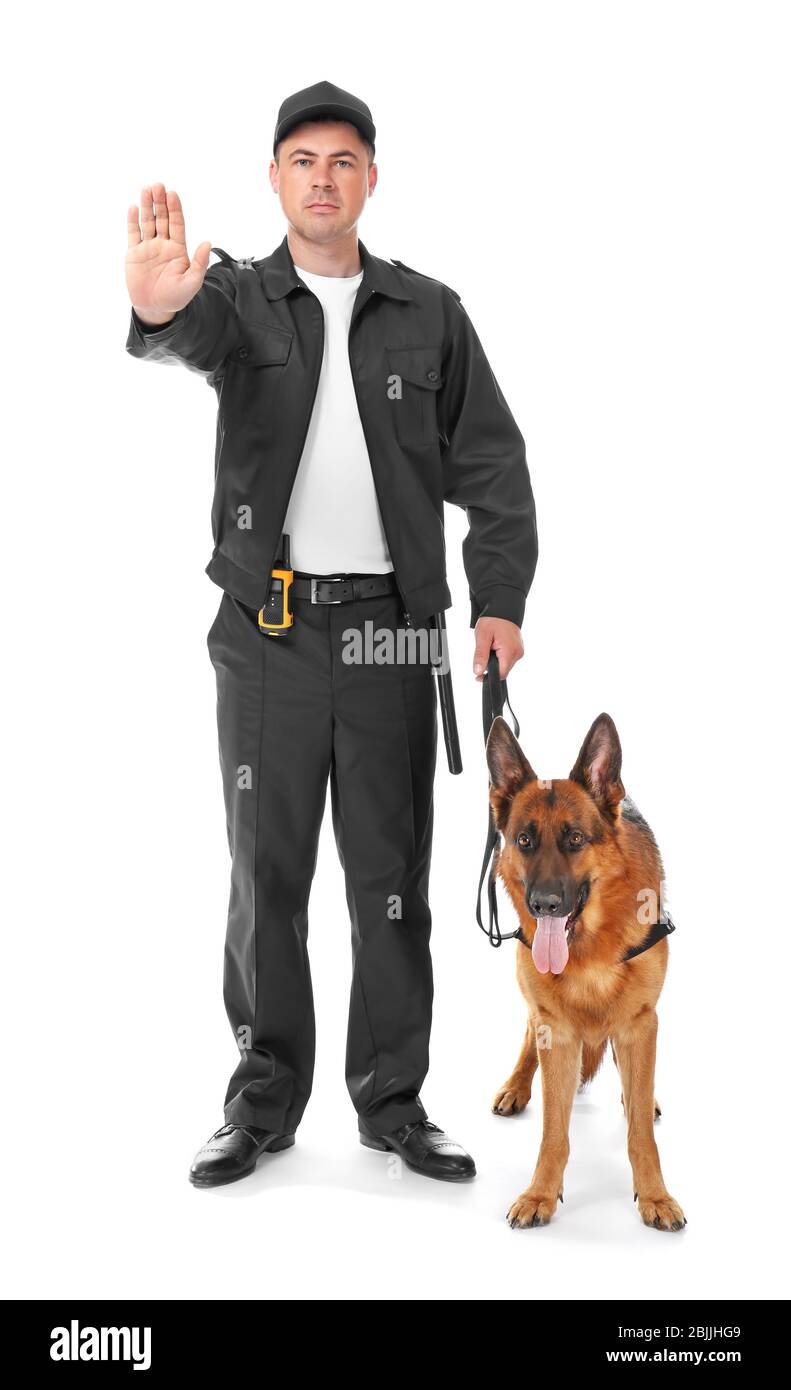 Security guard with dog on white background Stock Photo - Alamy
