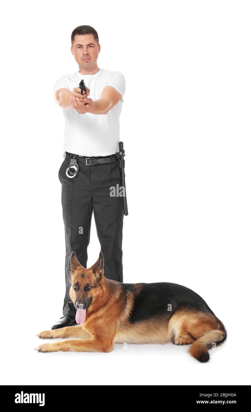 Security guard with dog on white background Stock Photo - Alamy