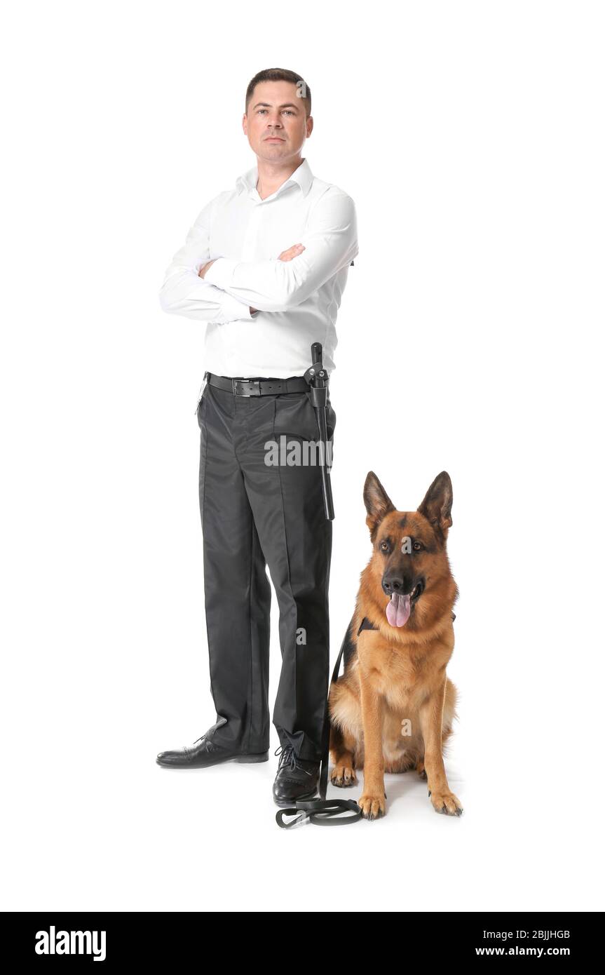 Security guard with dog on white background Stock Photo - Alamy