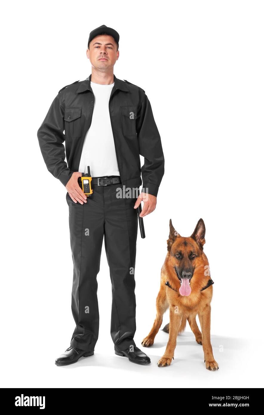 Security guard with dog on white background Stock Photo - Alamy