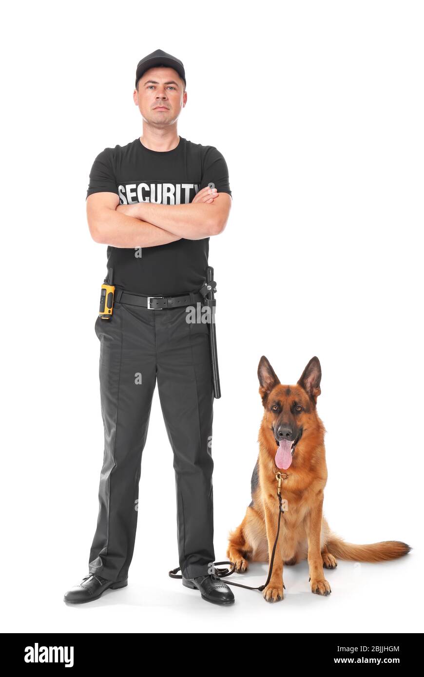 Security guard with dog on white background Stock Photo - Alamy