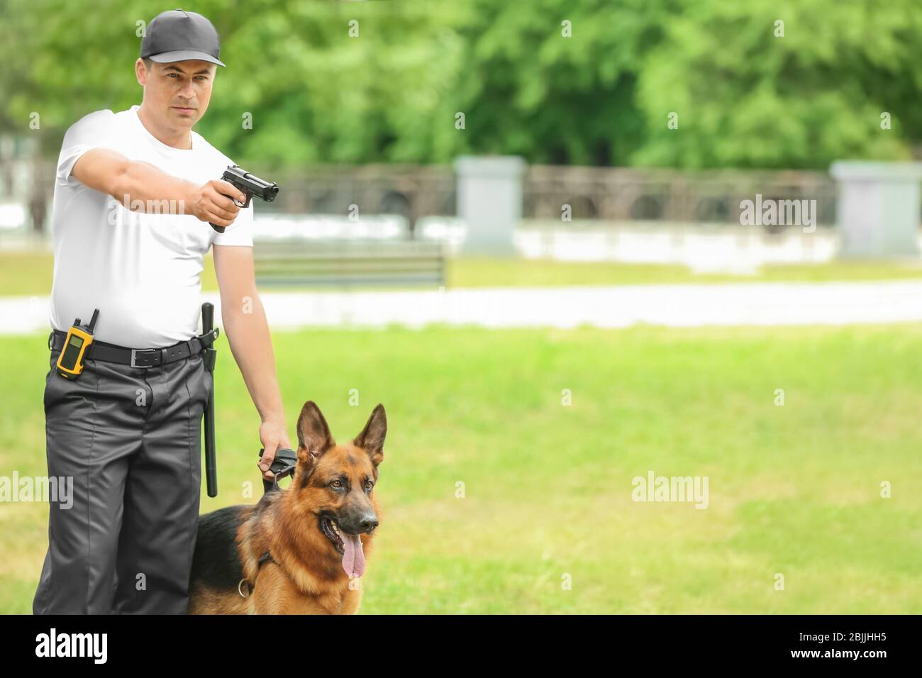 Security guard with dog in park Stock Photo - Alamy