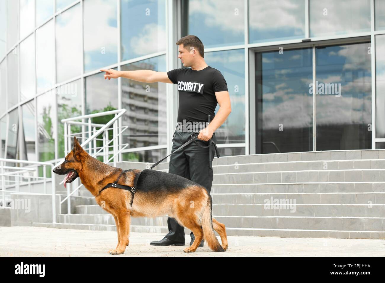 Security guard with dog near building Stock Photo - Alamy
