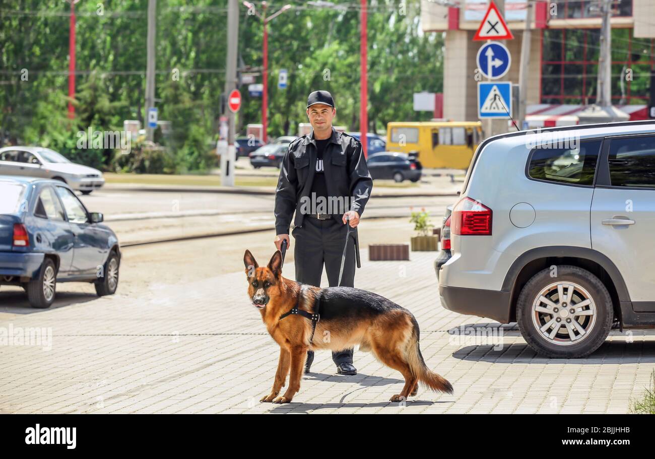Security guard with dog, outdoors Stock Photo - Alamy