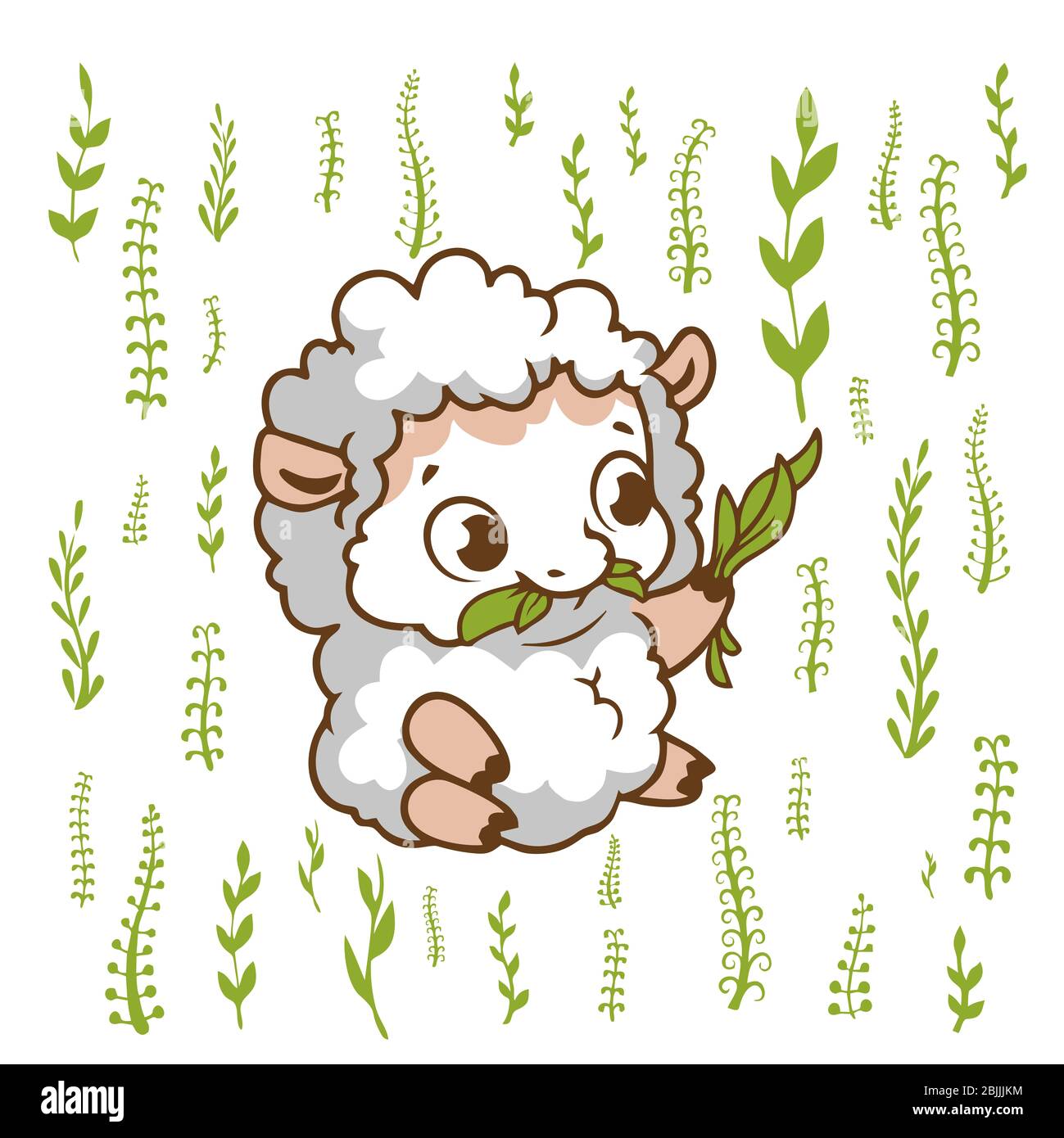 sheep, colored leaves and plants, seamless pattern or template ...