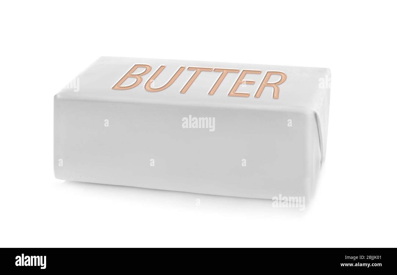 Bar of wrapped butter on white background Stock Photo - Alamy