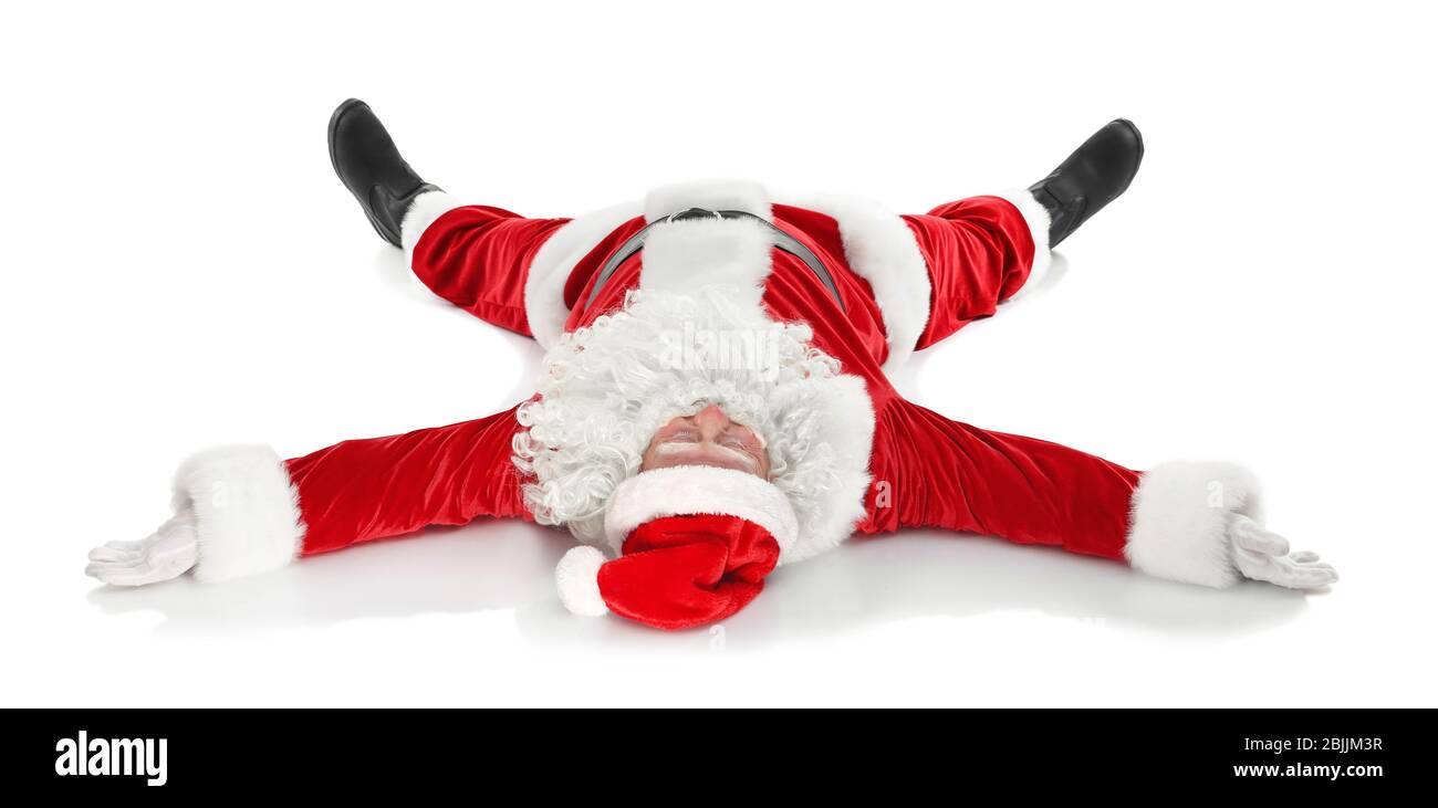 Happy authentic Santa Claus lying, isolated on white Stock Photo - Alamy