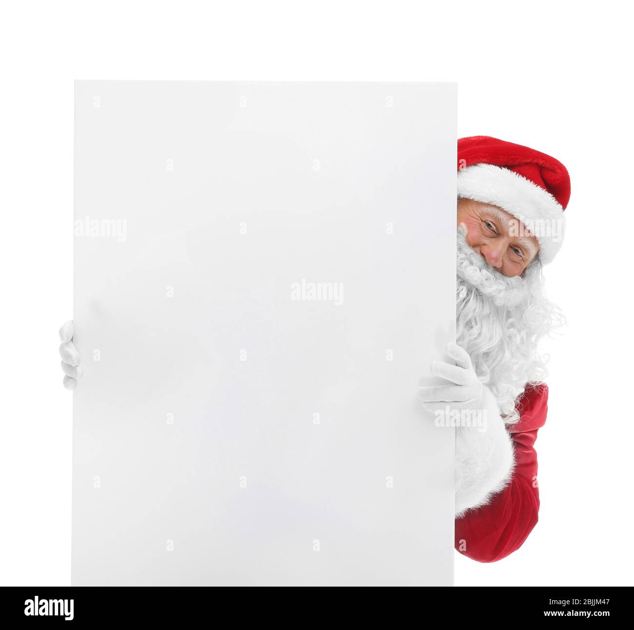 Authentic Santa Claus with poster on white background Stock Photo - Alamy