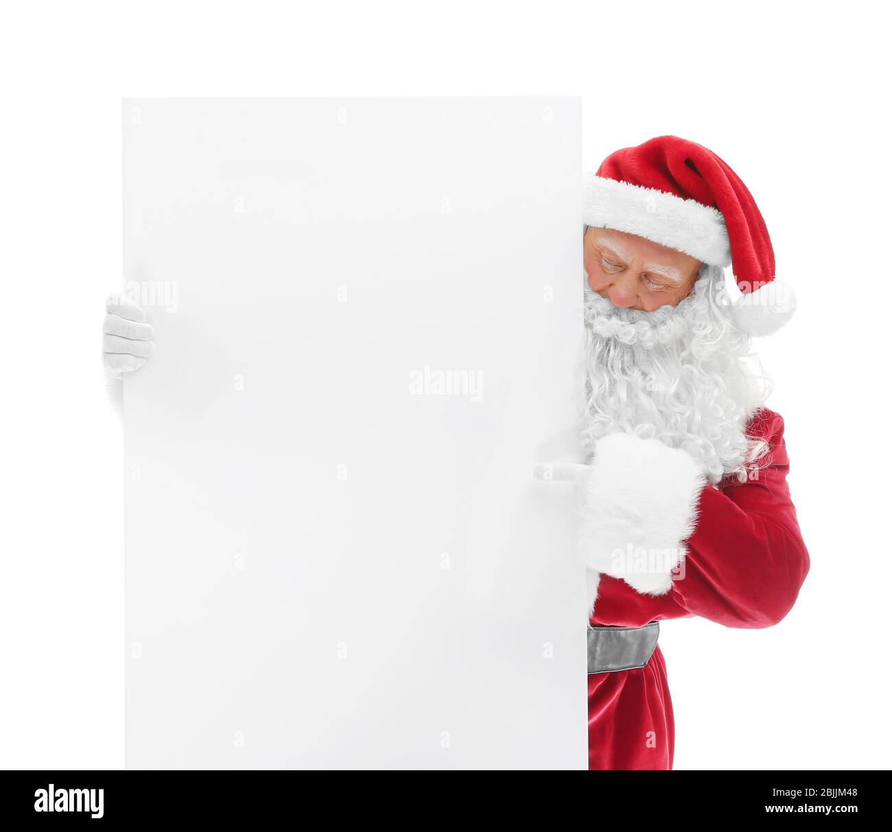 Authentic Santa Claus with poster on white background Stock Photo - Alamy