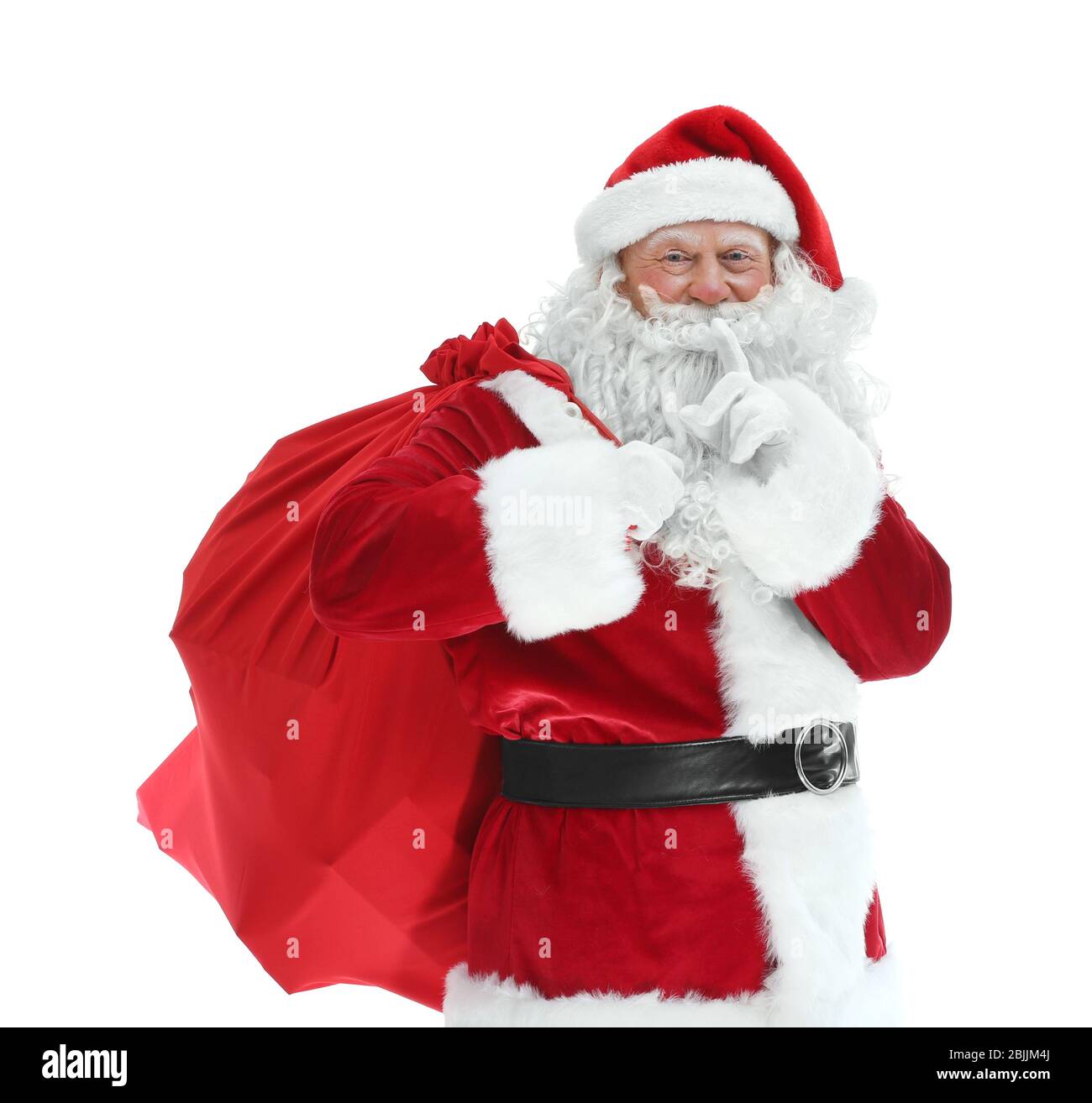 Authentic Santa Claus with big gift bag on white background Stock Photo ...