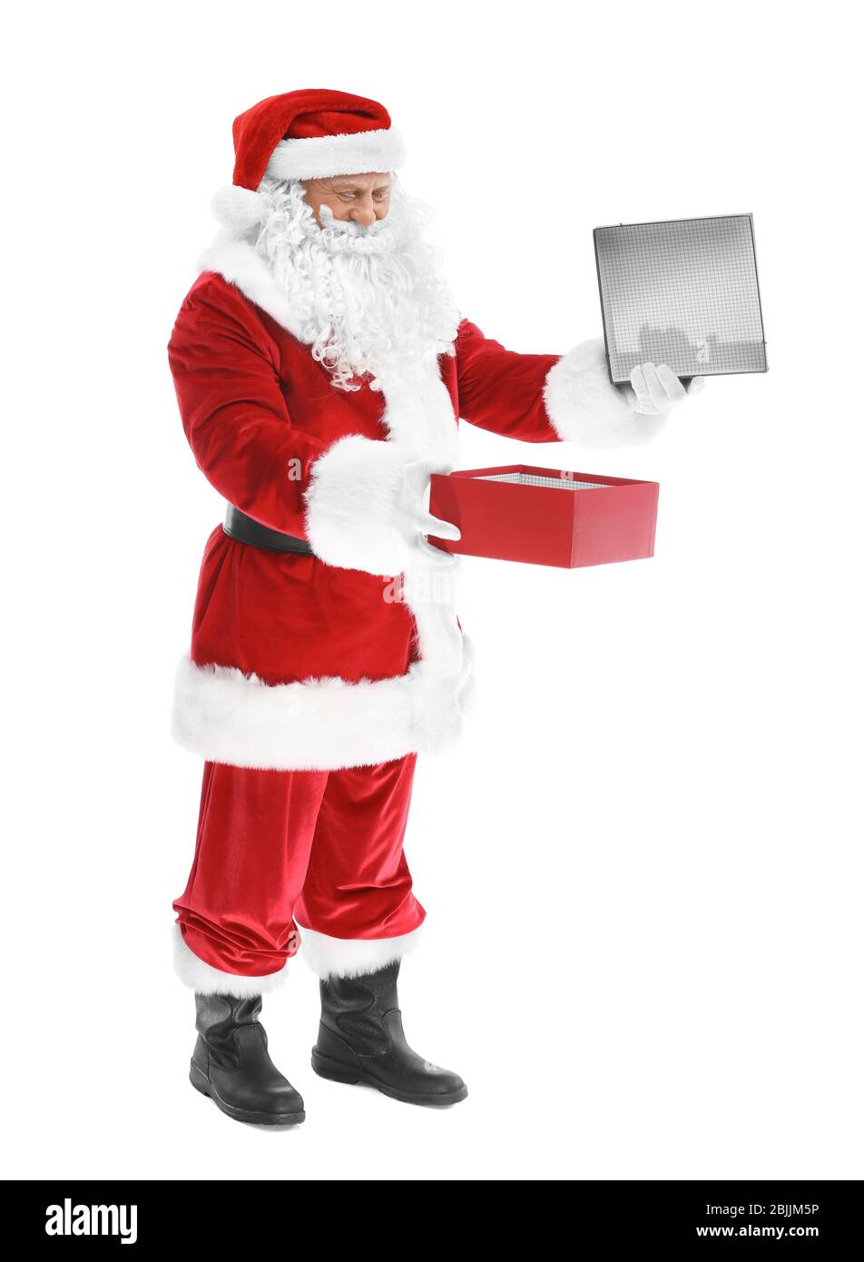 Happy authentic Santa Claus holding gift box on white background Stock ...
