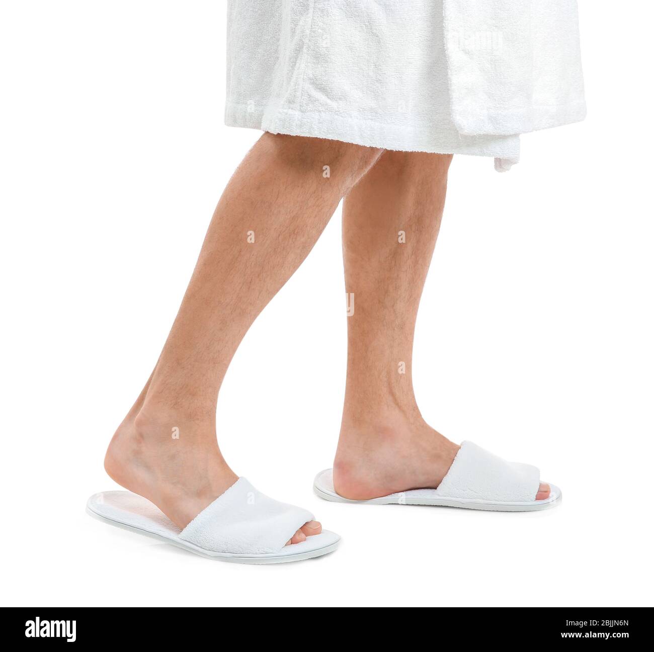 Man in bathing slippers on white background Stock Photo - Alamy