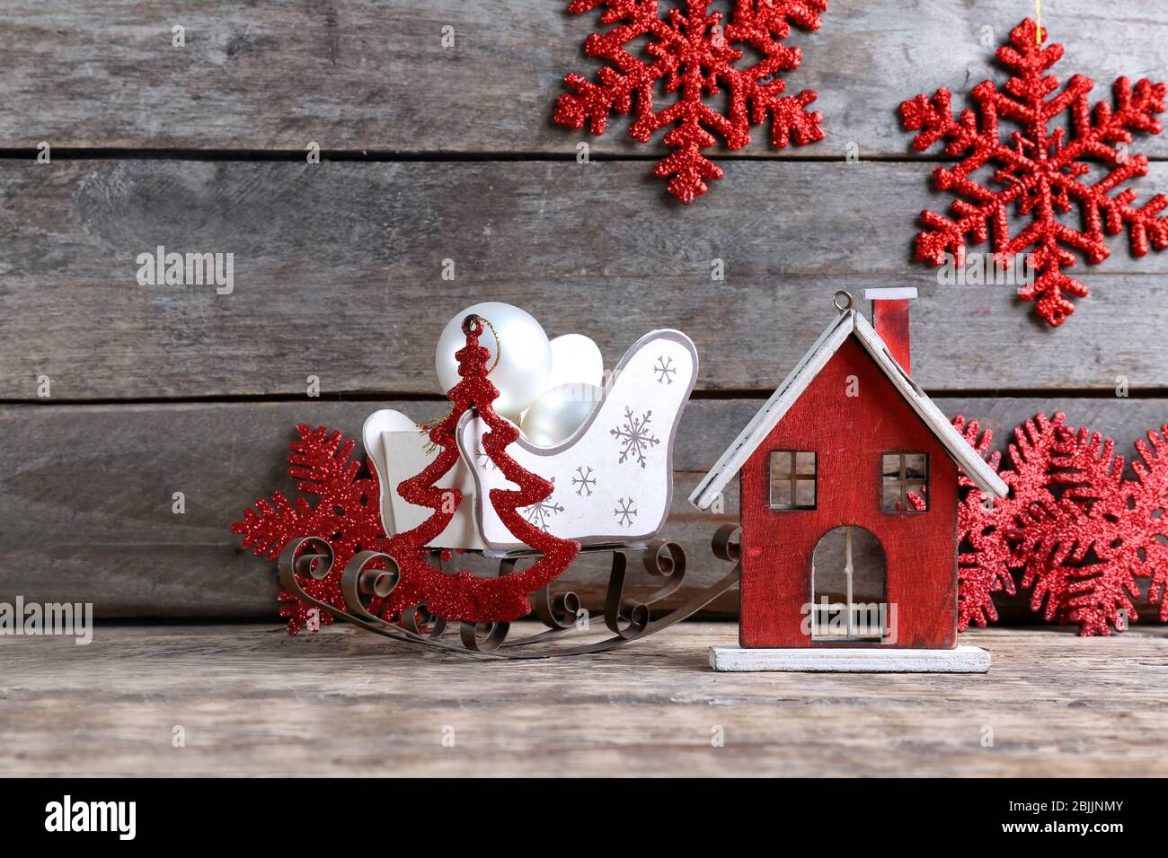Trendy Christmas decorations on wooden background Stock Photo - Alamy
