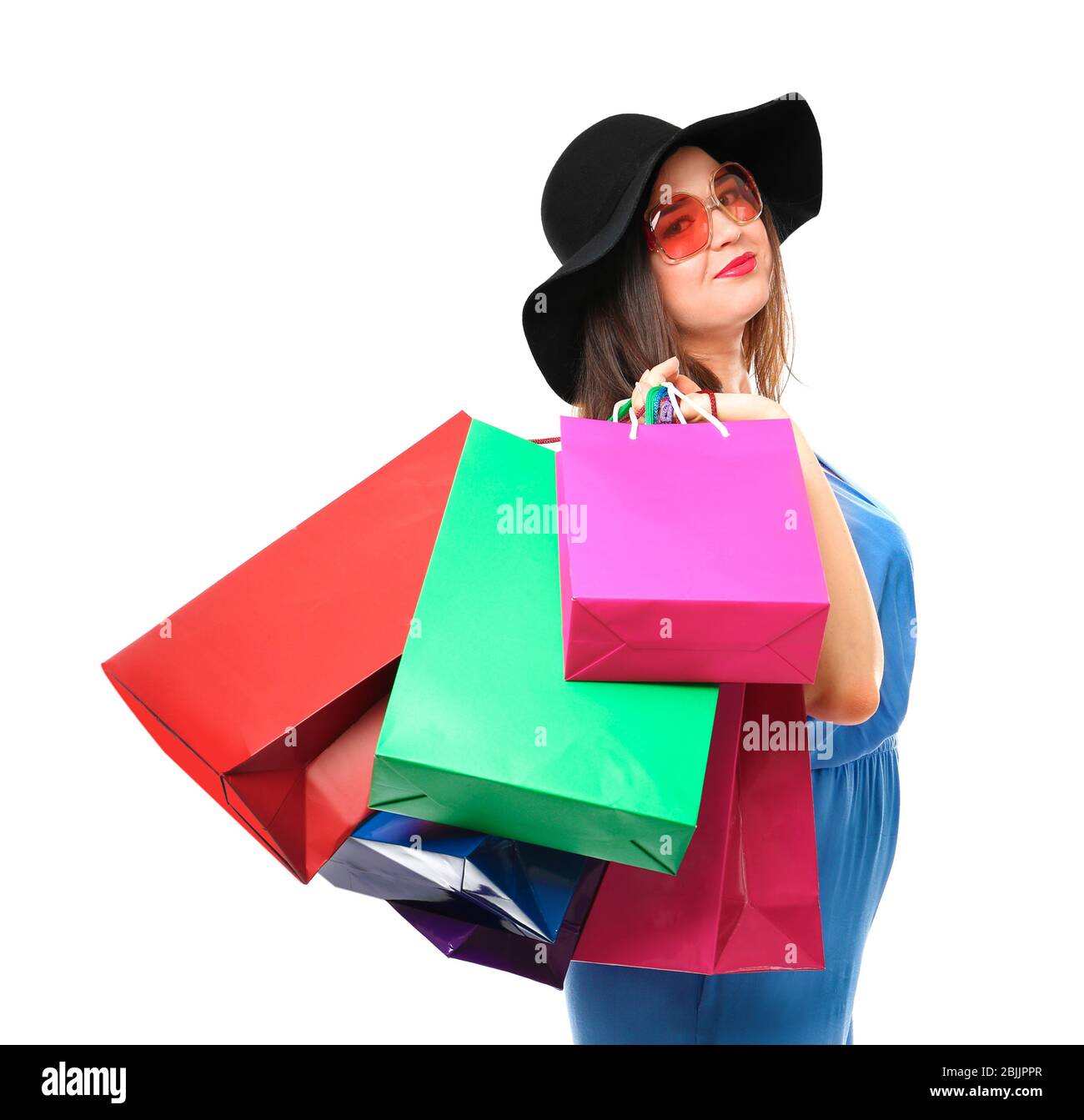 Beautiful stylish overweight woman with shopping bags on white ...