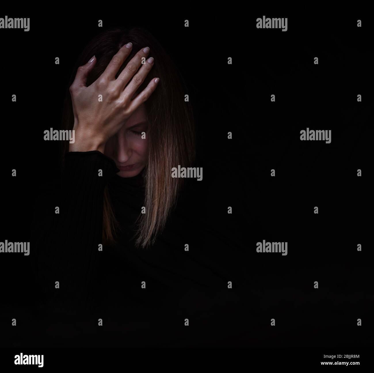 Young caucasian woman feeling sad and depressed in self-isolation ...