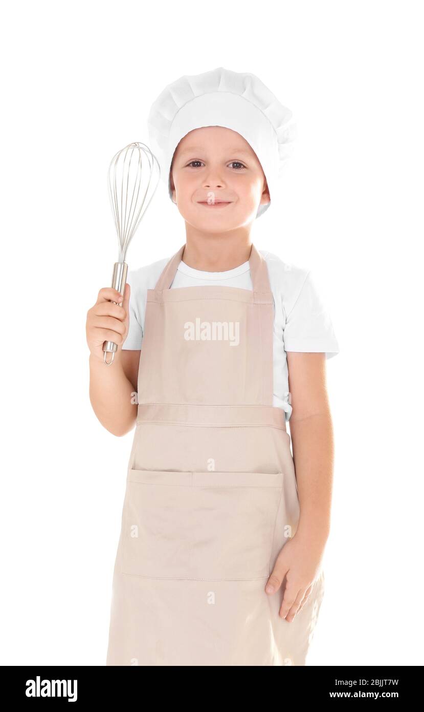 Cute child in apron with whisk on white background Stock Photo - Alamy