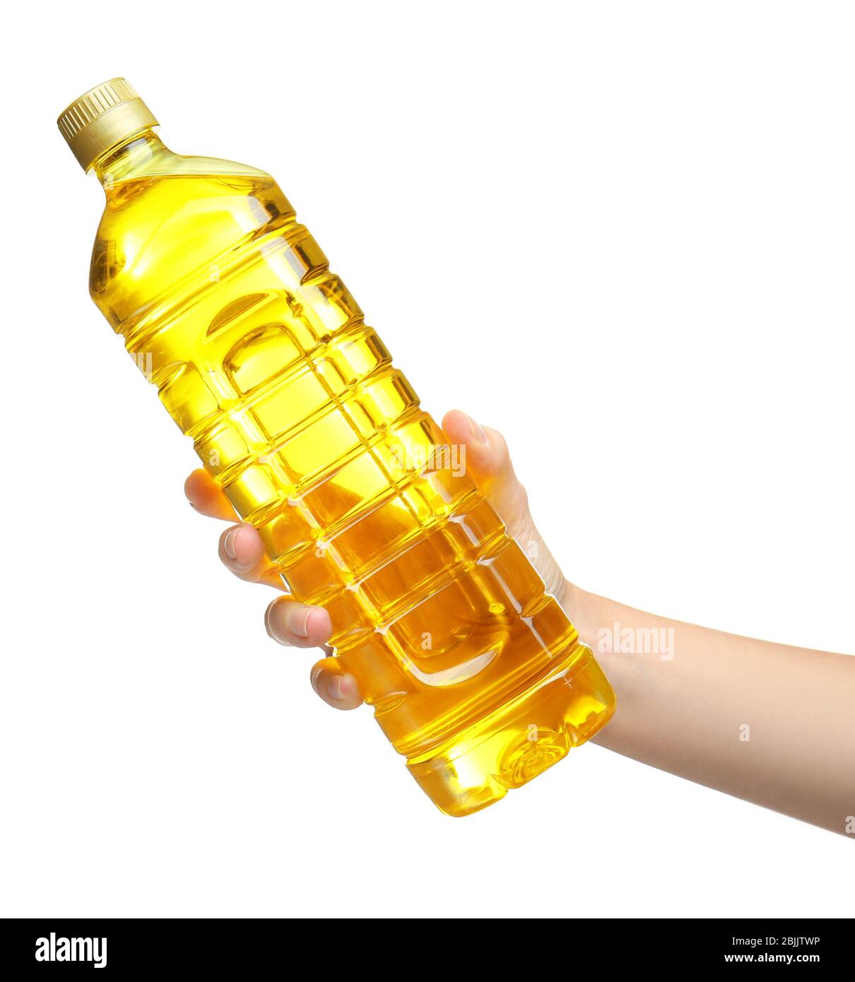 Female hand holding bottle of cooking oil on white background Stock ...