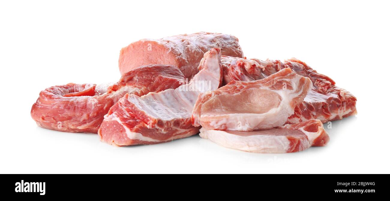 Pieces of different fresh meat, isolated on white Stock Photo - Alamy