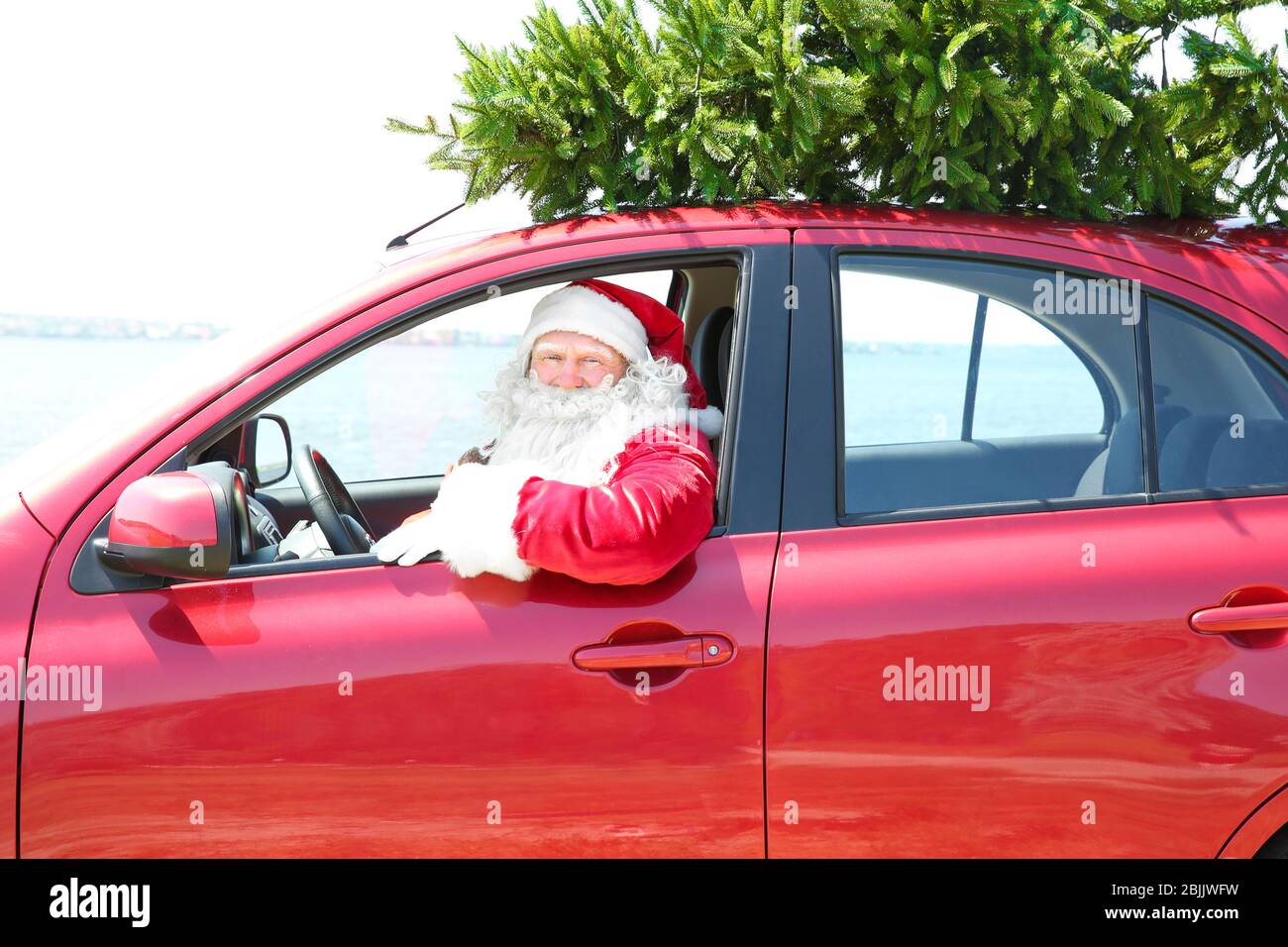 Authentic Santa Claus driving car with Christmas tree on it's top Stock ...