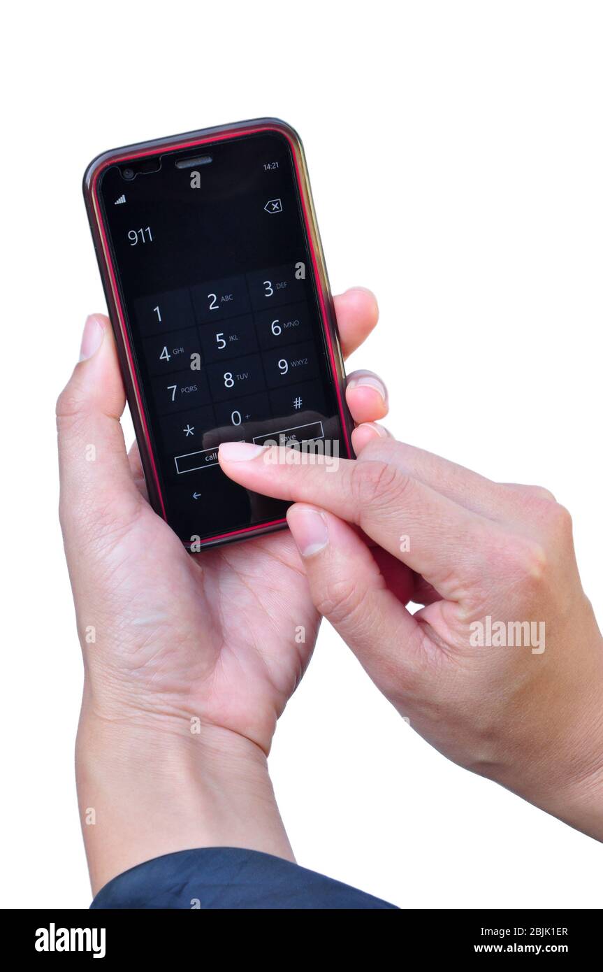 Mobile phone in a hand typing 911 on a white background Stock Photo - Alamy