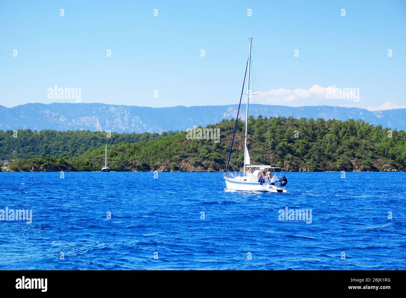 Beautiful view with modern boat in tropical resort Stock Photo - Alamy