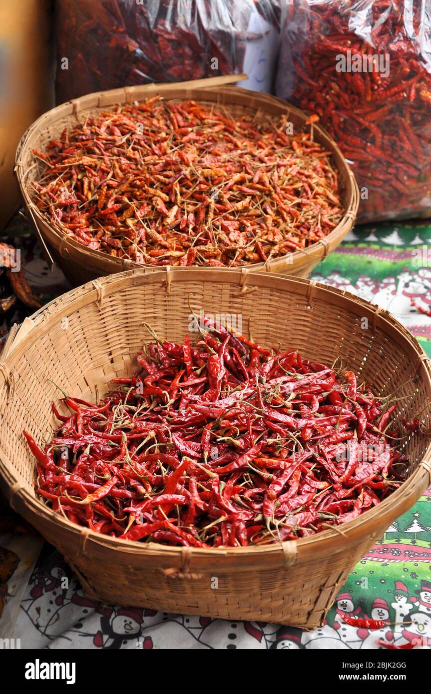 Red dry Chili peper in the basket Stock Photo - Alamy