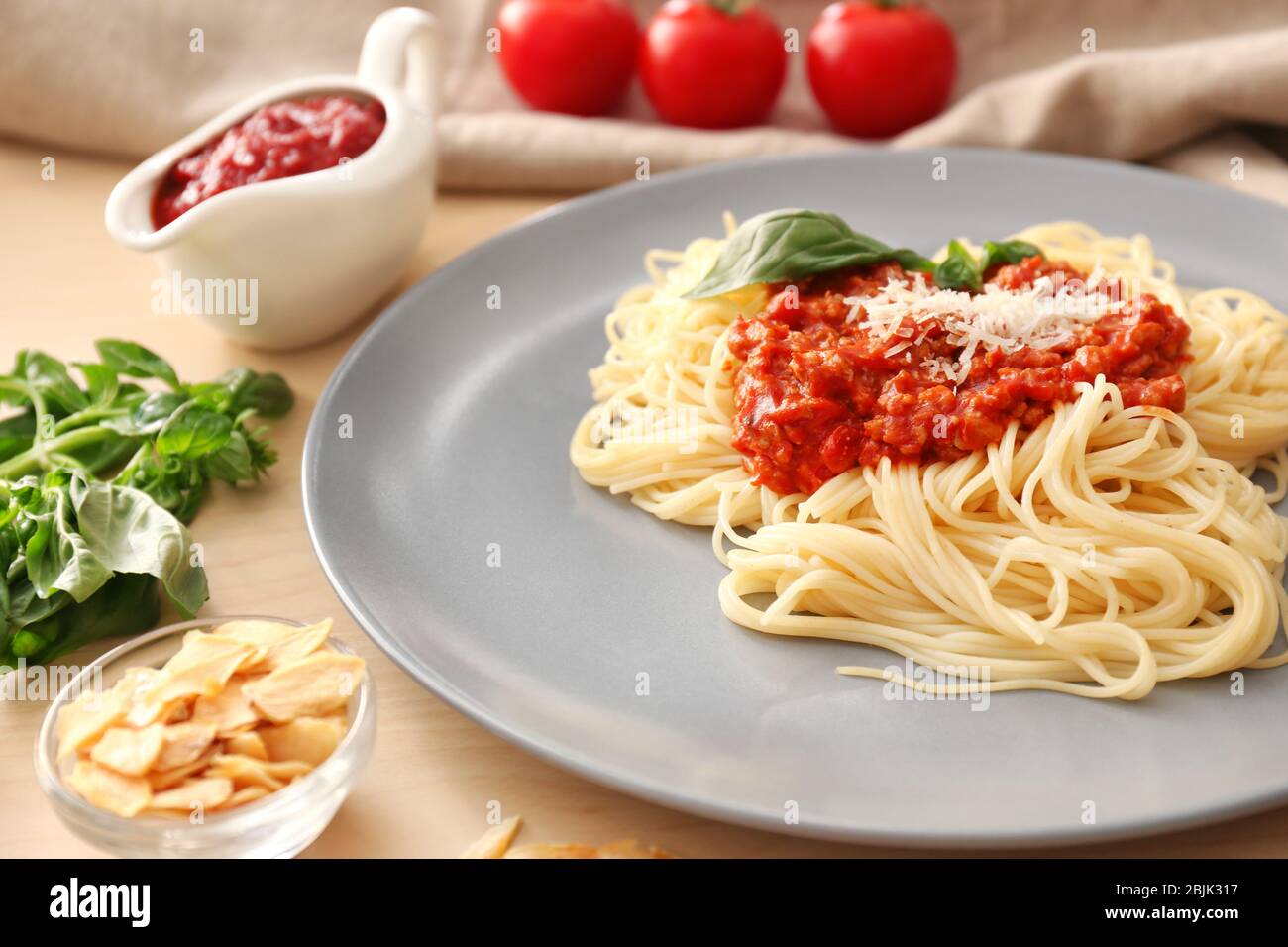 Delicious pasta with meat sauce on plate Stock Photo - Alamy