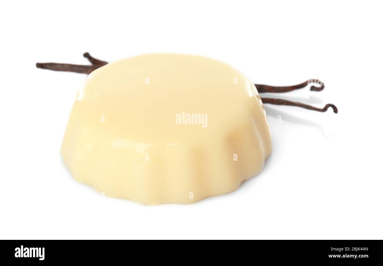 Delicious vanilla pudding on white background Stock Photo - Alamy